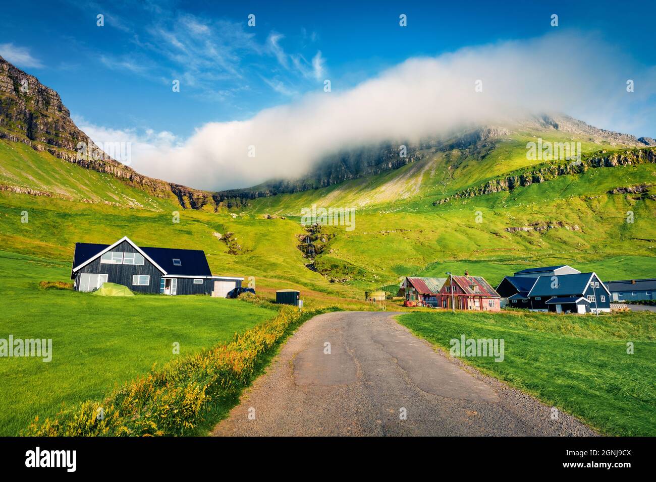 Wonderful summer view of Sydradalur village, Streymoy island. Splendi ...