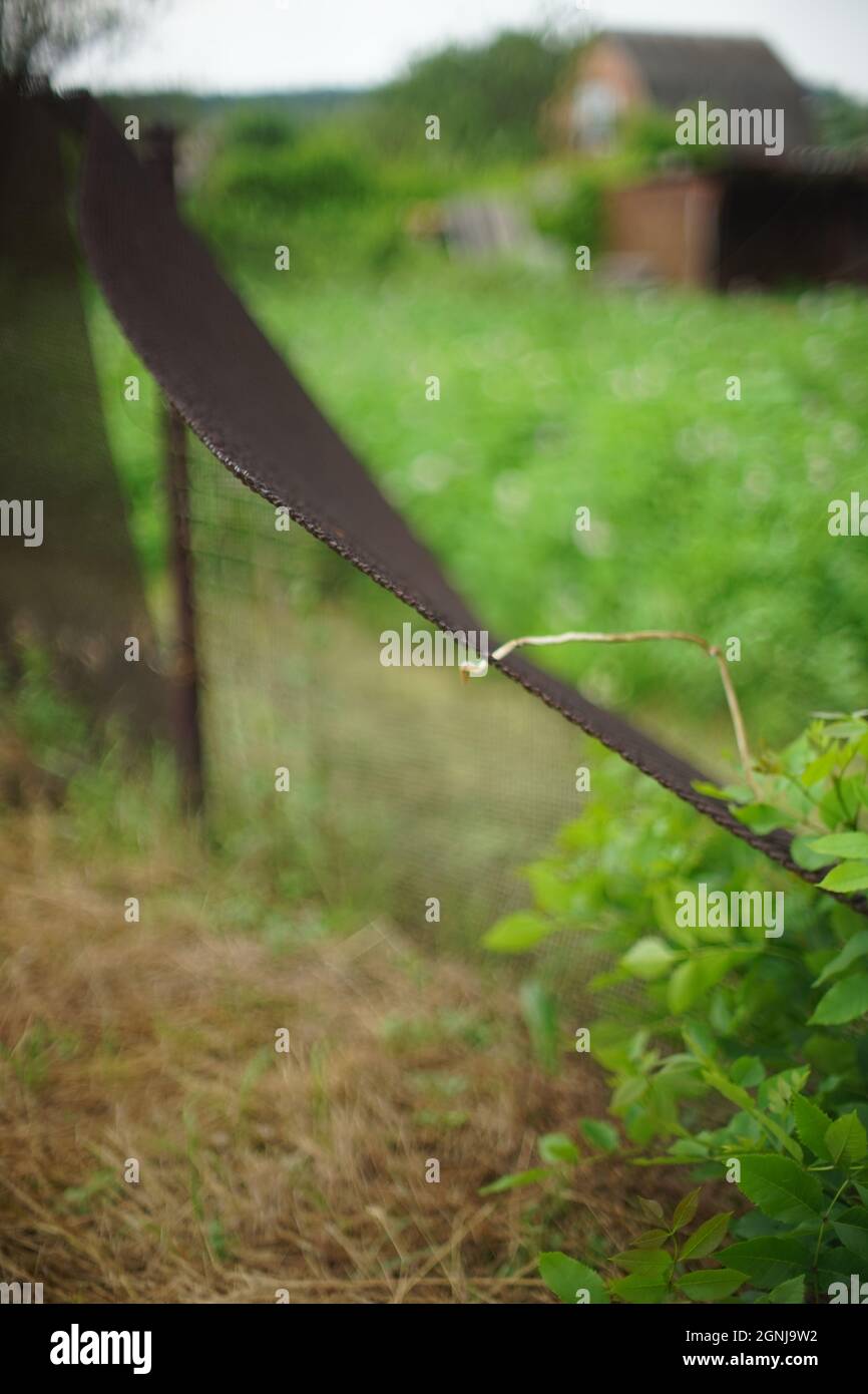 Mesh fence torn off by a strong wind. Aftermath of hurricane and storm ...
