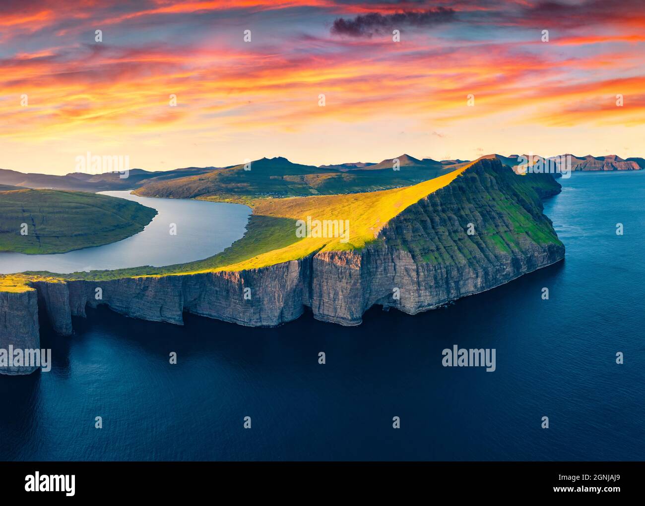 Unbelievable evening view from flying drone of Sorvagsvatn lake, Vagar ...