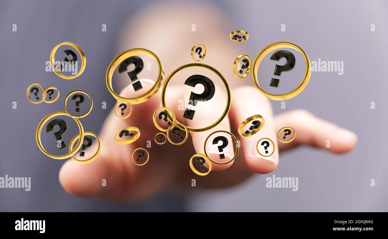 A 3d rendering of solving problems with digital question marks with blurred hand and free space ...