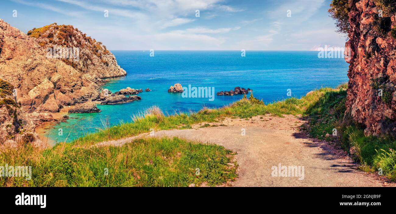 Sunny spring view of Agia Eleni beach, Ionian Islands. Picturesque ...