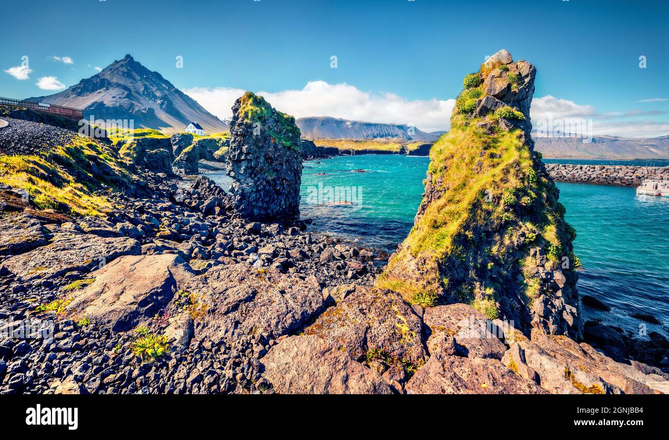 Astonishing summer view of small fishing village at the foot of Mt ...
