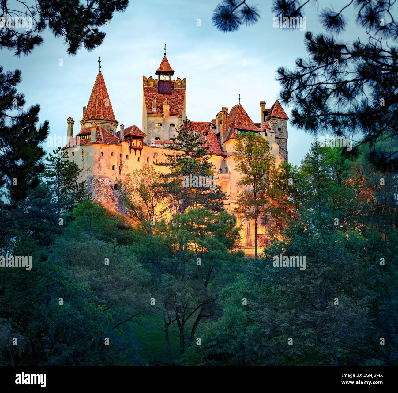 BRASOV, ROMANIA - JULY 07, 2018: Gloomy evening view of Bran Castle ...