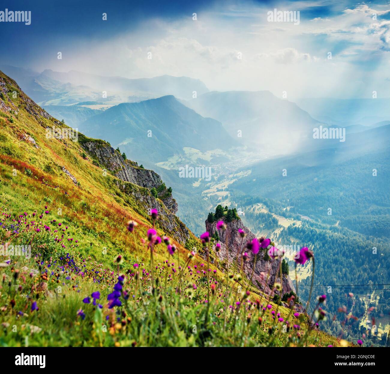 Majestic summer view of Ortisei village. Gorgeous morning scene of ...