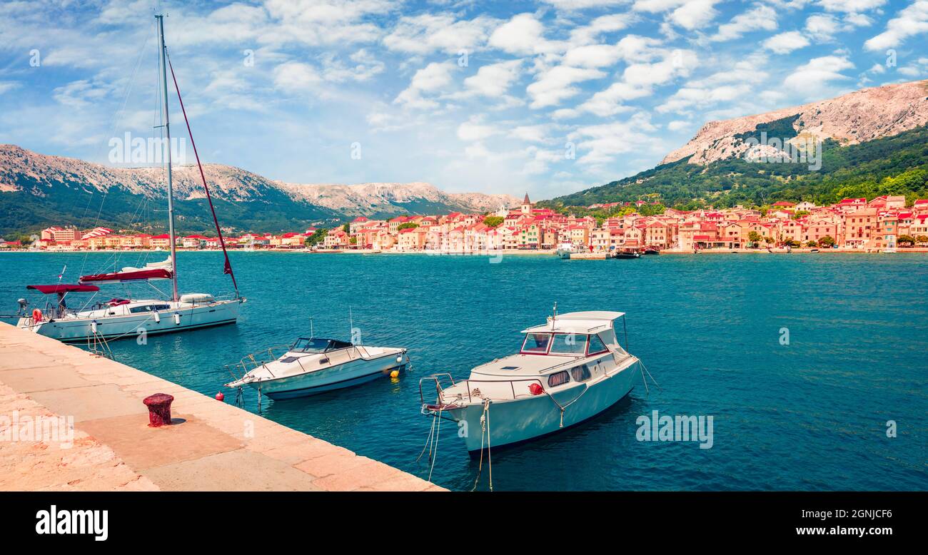 Exciting morning cityscape of Bashka town. Attractive summer seascape ...