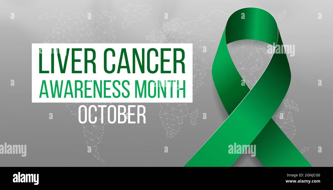 Liver Cancer Awareness Month concept. Banner with emerald green ribbon ...