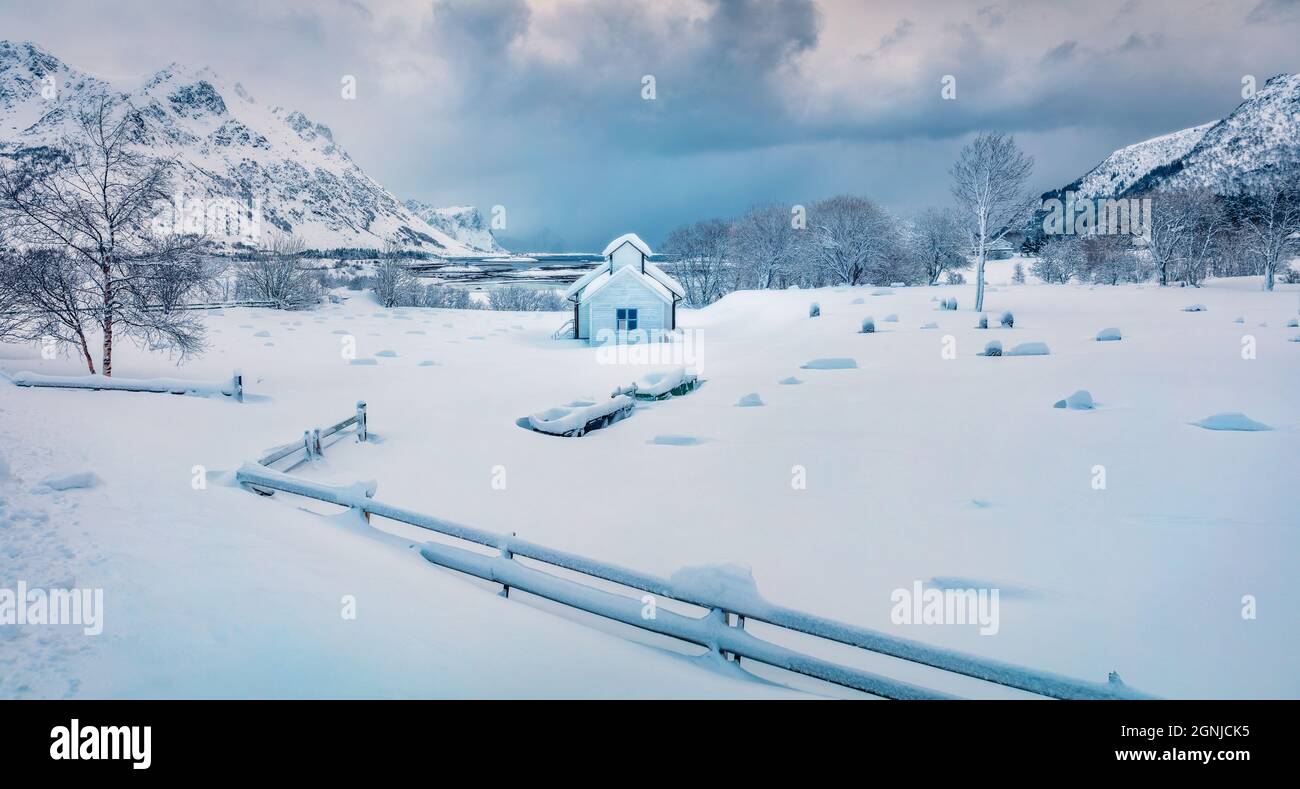 Misty morning after huge snowfall over polar circle. Snowy winter scene ...