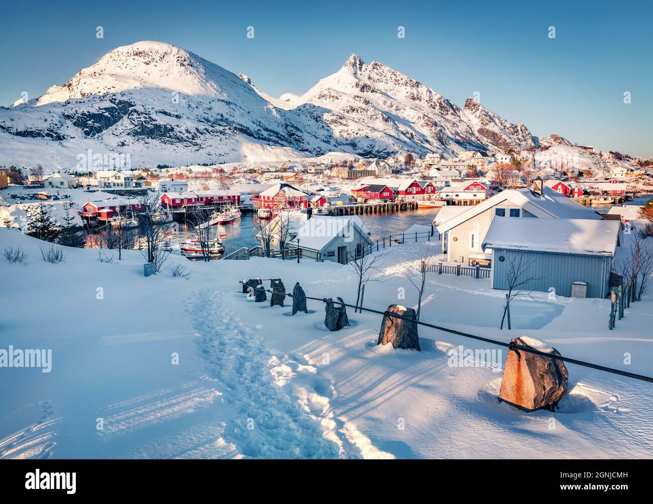 Great Christmas day on Lofoten Islands. Bright snowy cityscape of ...