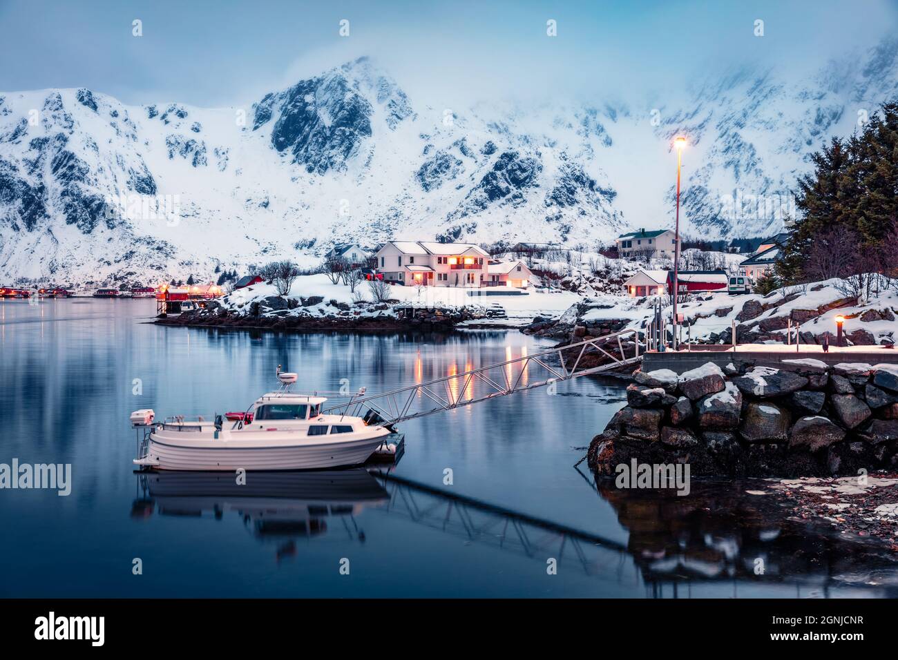 Dramatic evening view of Ballstad port, Norway, Europe. Picturesque ...