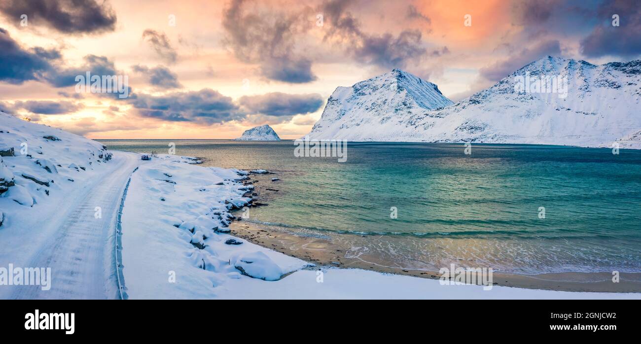 View from flying drone of Vik Beach after huge snowfall. Fantastic ...