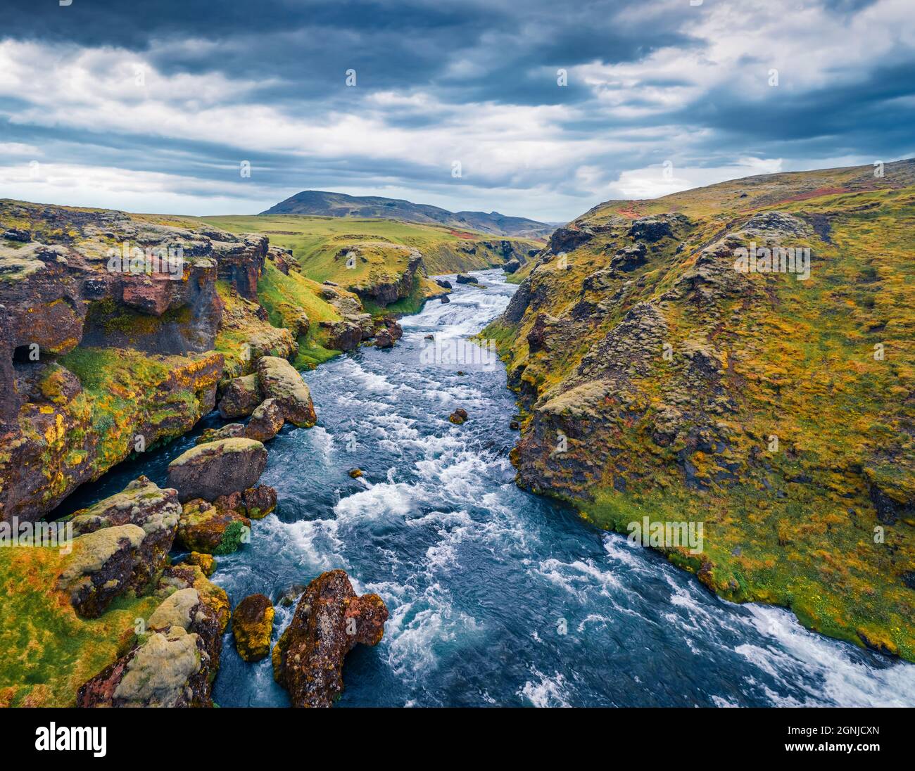 View from flying drone of Skoga river. Aerial summer landscape taken ...
