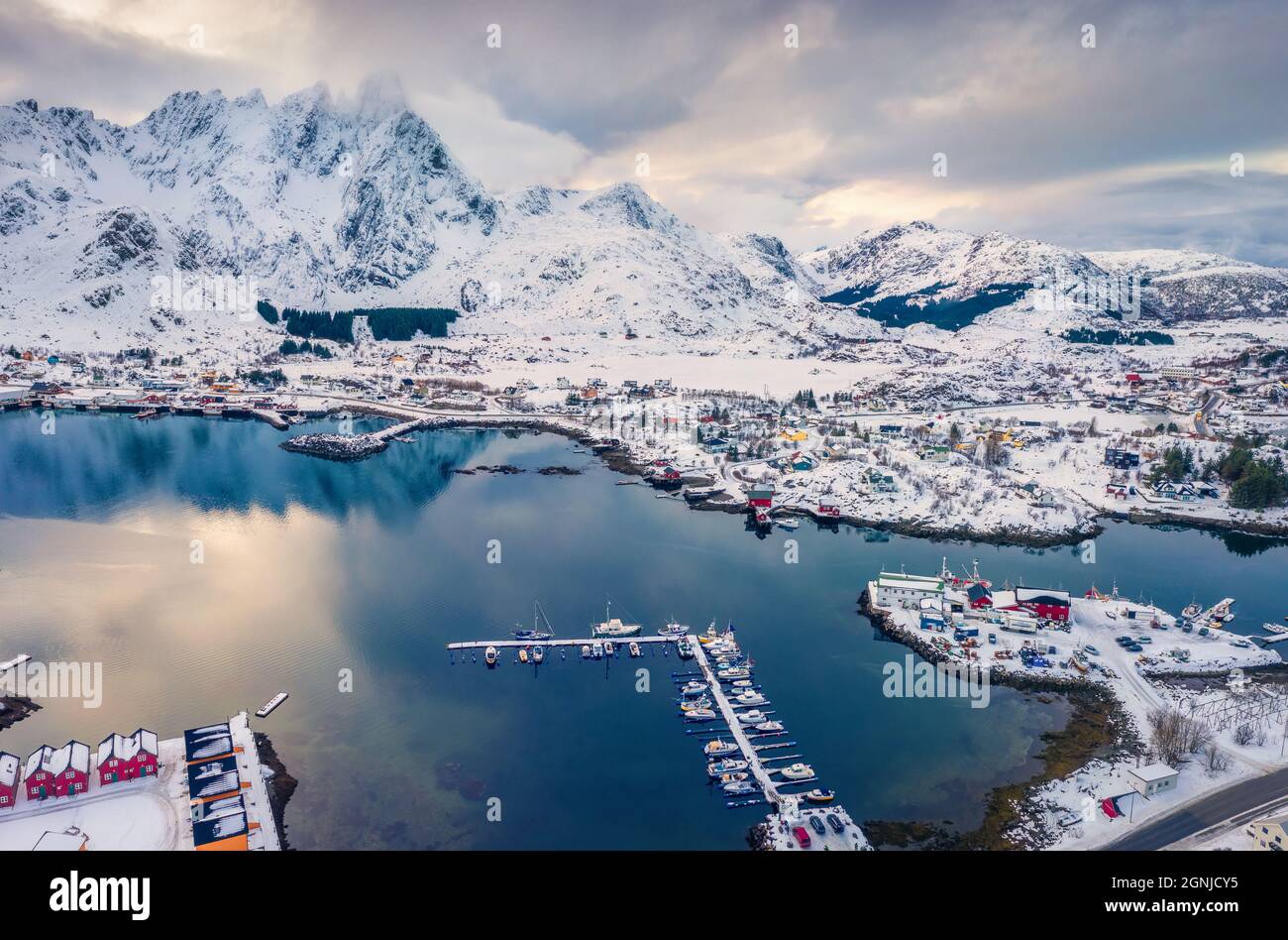 View from flying drone of Ballstad port, Norway, Europe. Dramatic ...