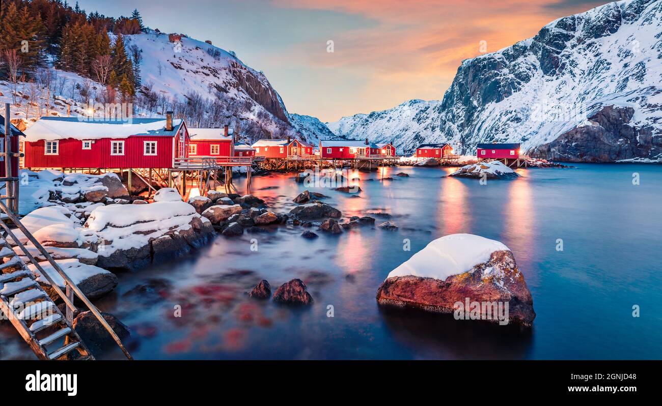 Fantastic evening cityscape of Nusfjord town, Norway, Europe. Great ...