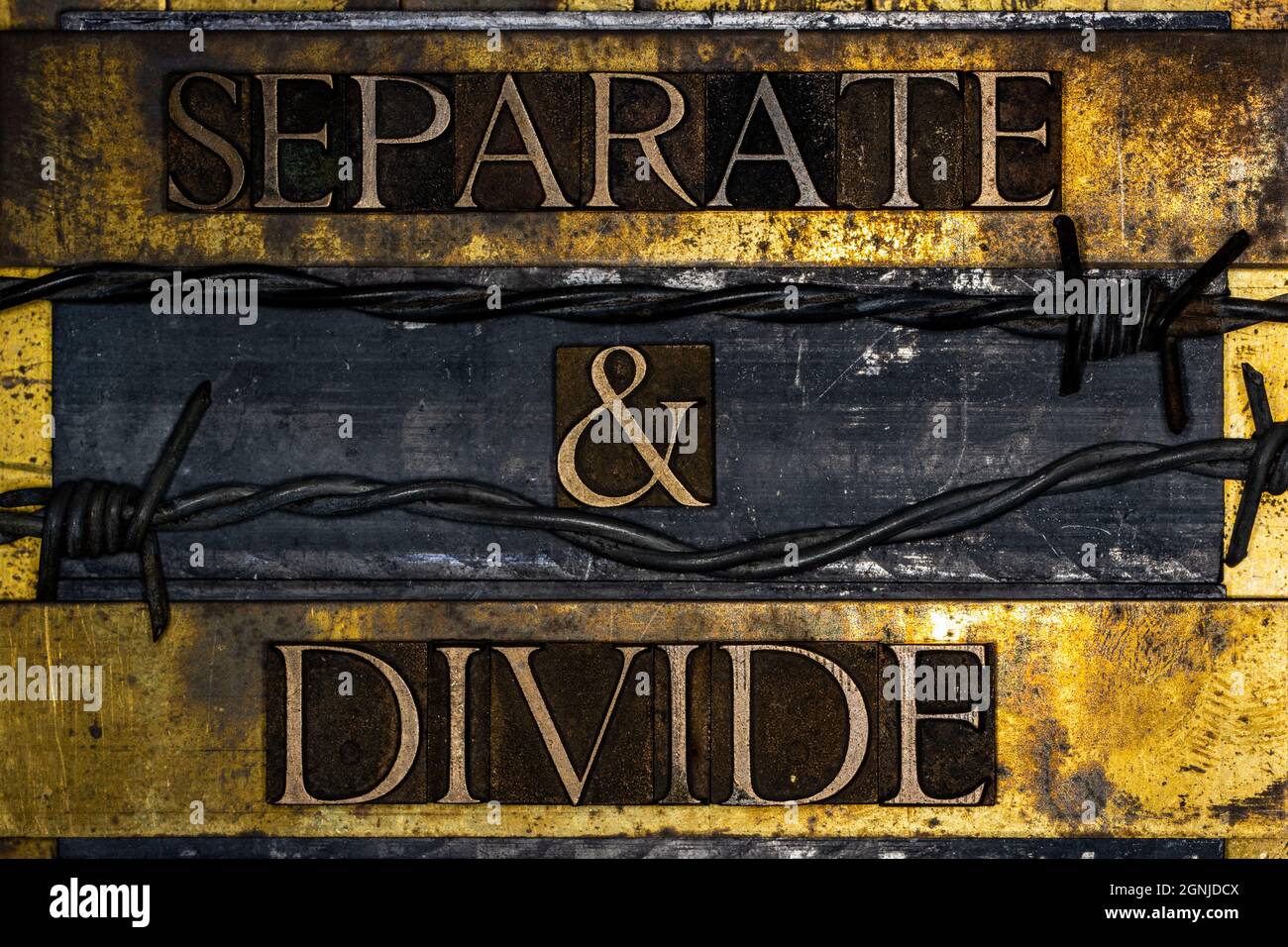 Separate and Divide text on textured grunge copper and vintage gold ...