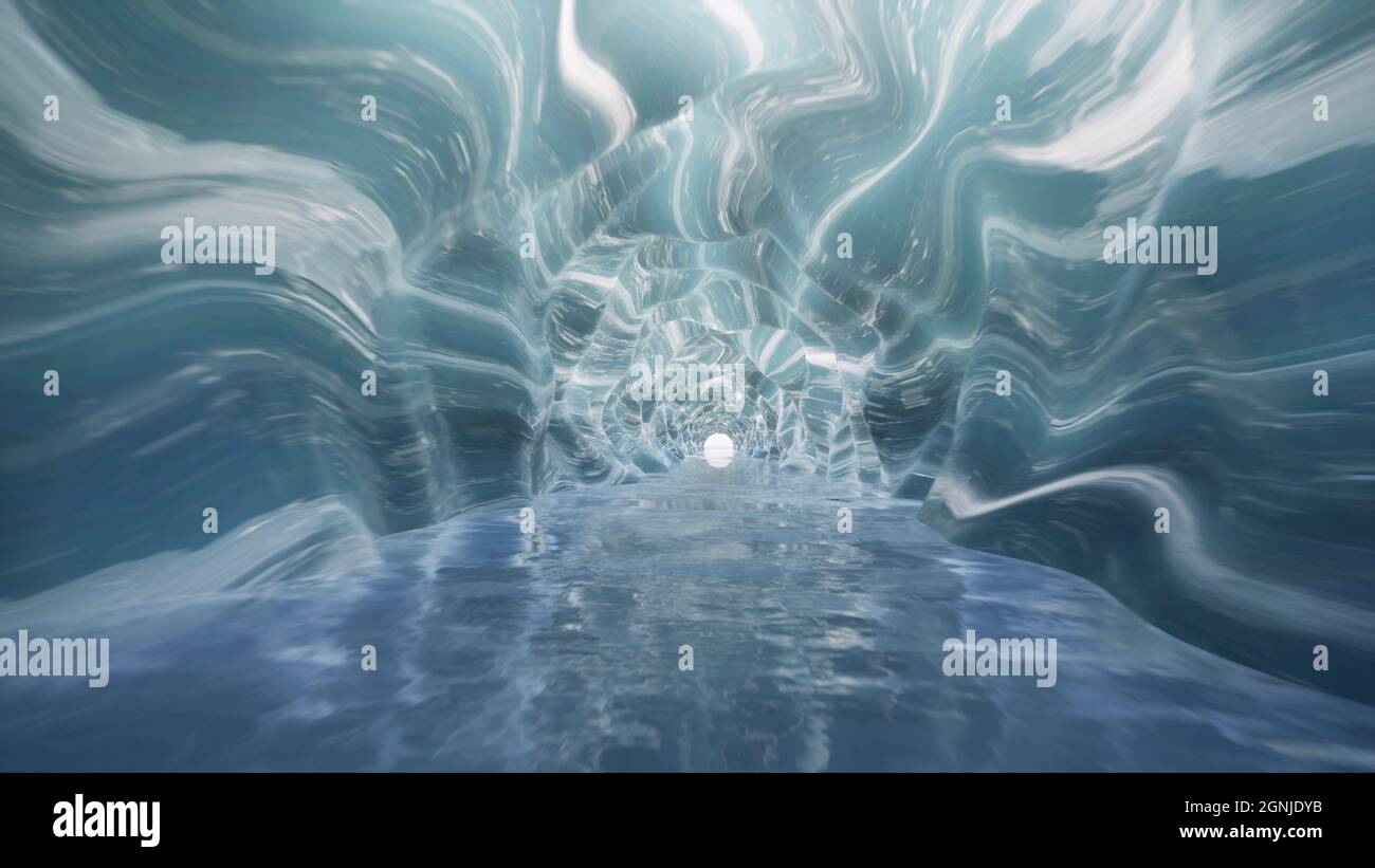 Traveling slowly through blue ice cave on deep frizzy Landscape 3d ...
