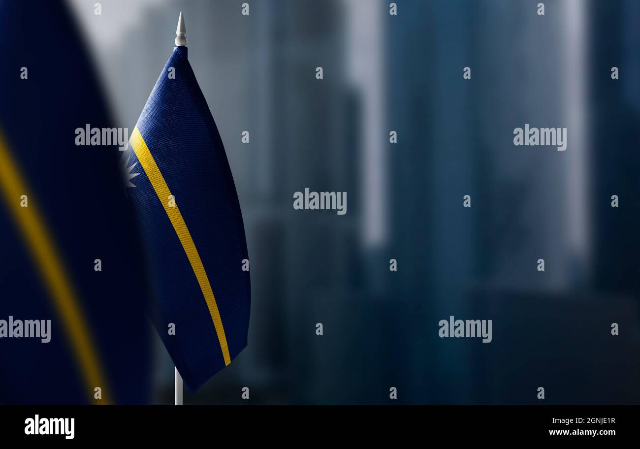 Small flags of Nauru on a blurry background of the city Stock Photo - Alamy
