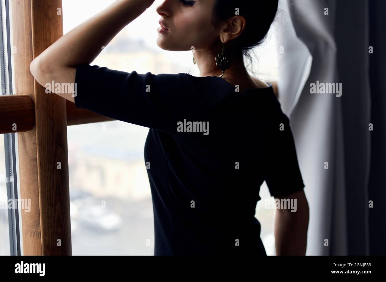 beautiful woman in a black dress near the window posing elegant style ...