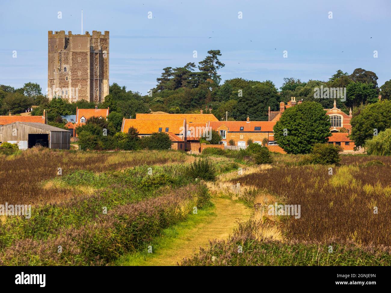 Orford Castle across the fields from the River Ore, Orford, Suffolk ...