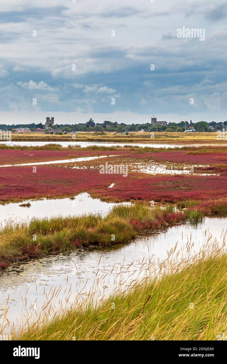 A view of Orford across the Orfordness National Nature Reserve, Suffolk ...