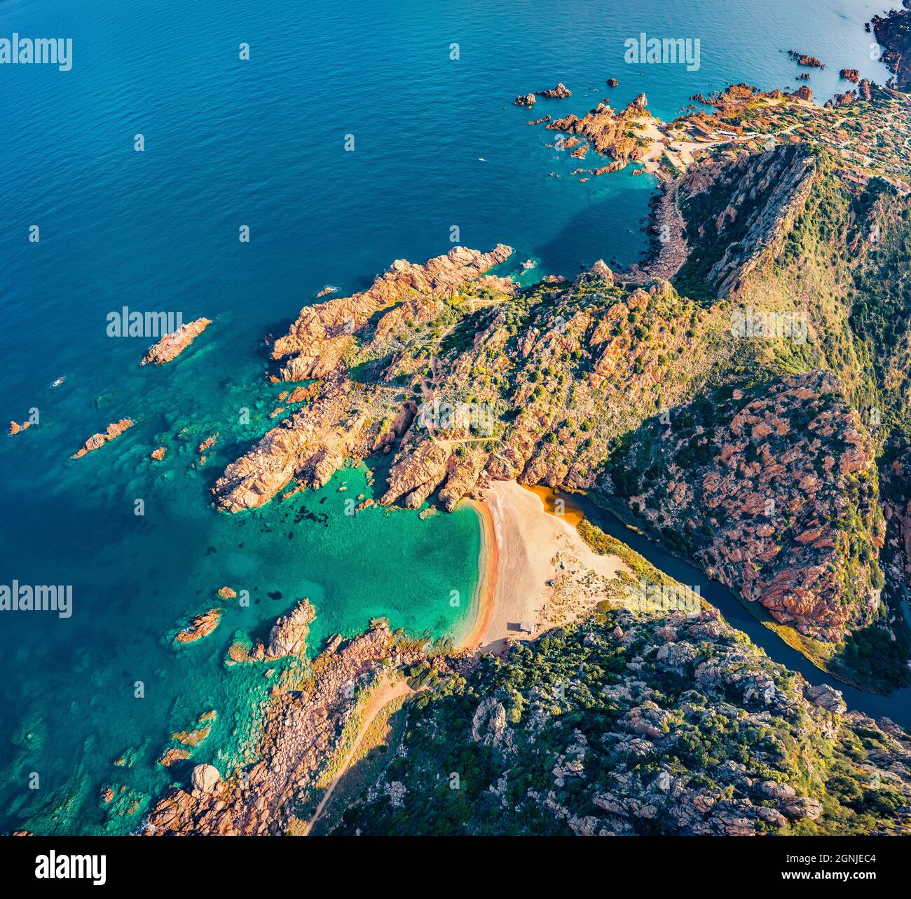 Top down view of Li Cossi beach. Spectacular summer scene of Costa ...