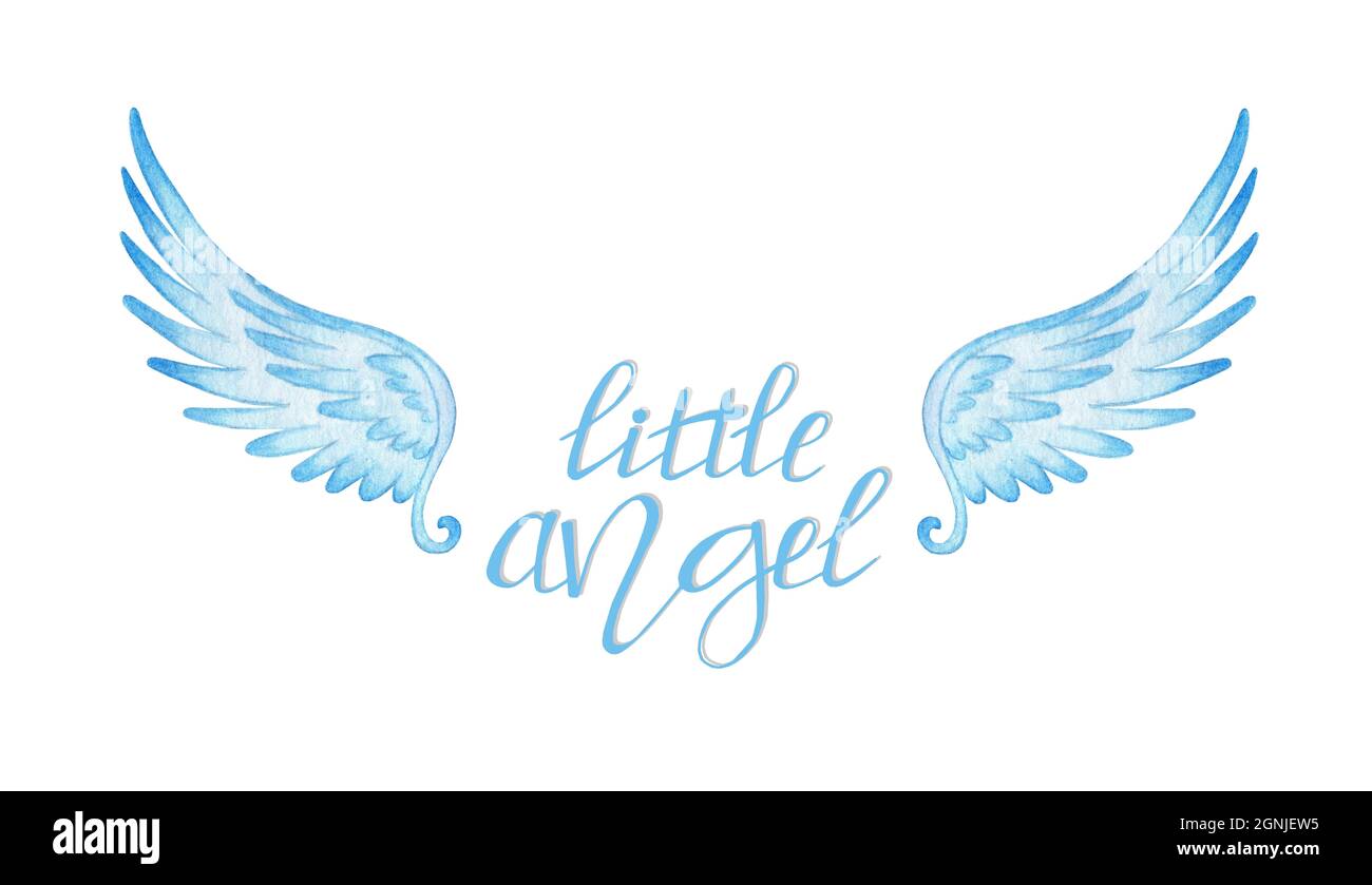 Watercolor illustration of handwritten blue text little angel and wings ...