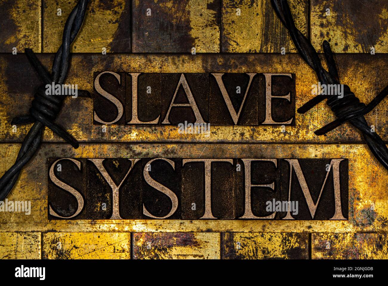 Slave System text on textured grunge copper and vintage gold background ...