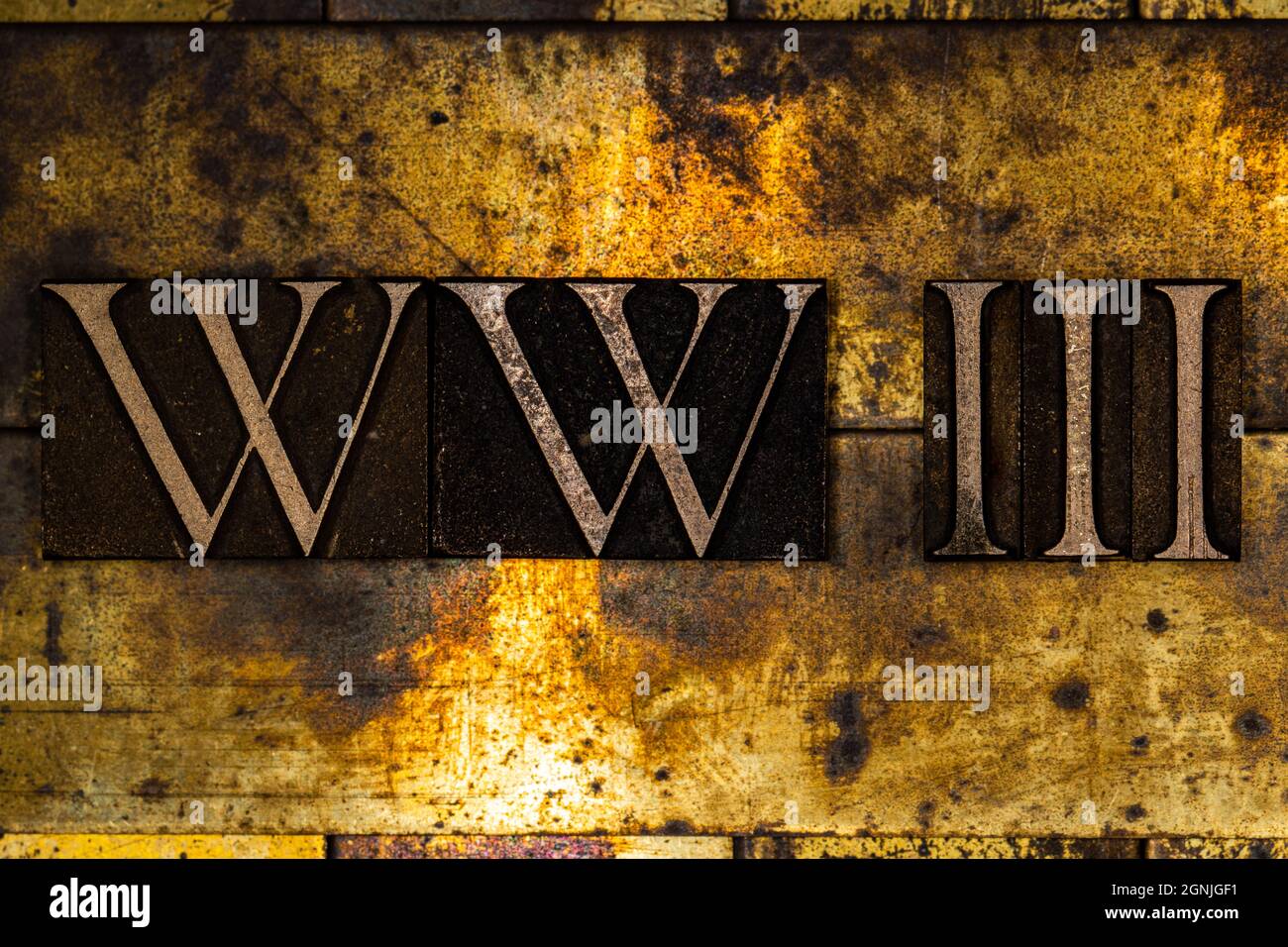 WW3 text on textured grunge copper and vintage gold background Stock ...