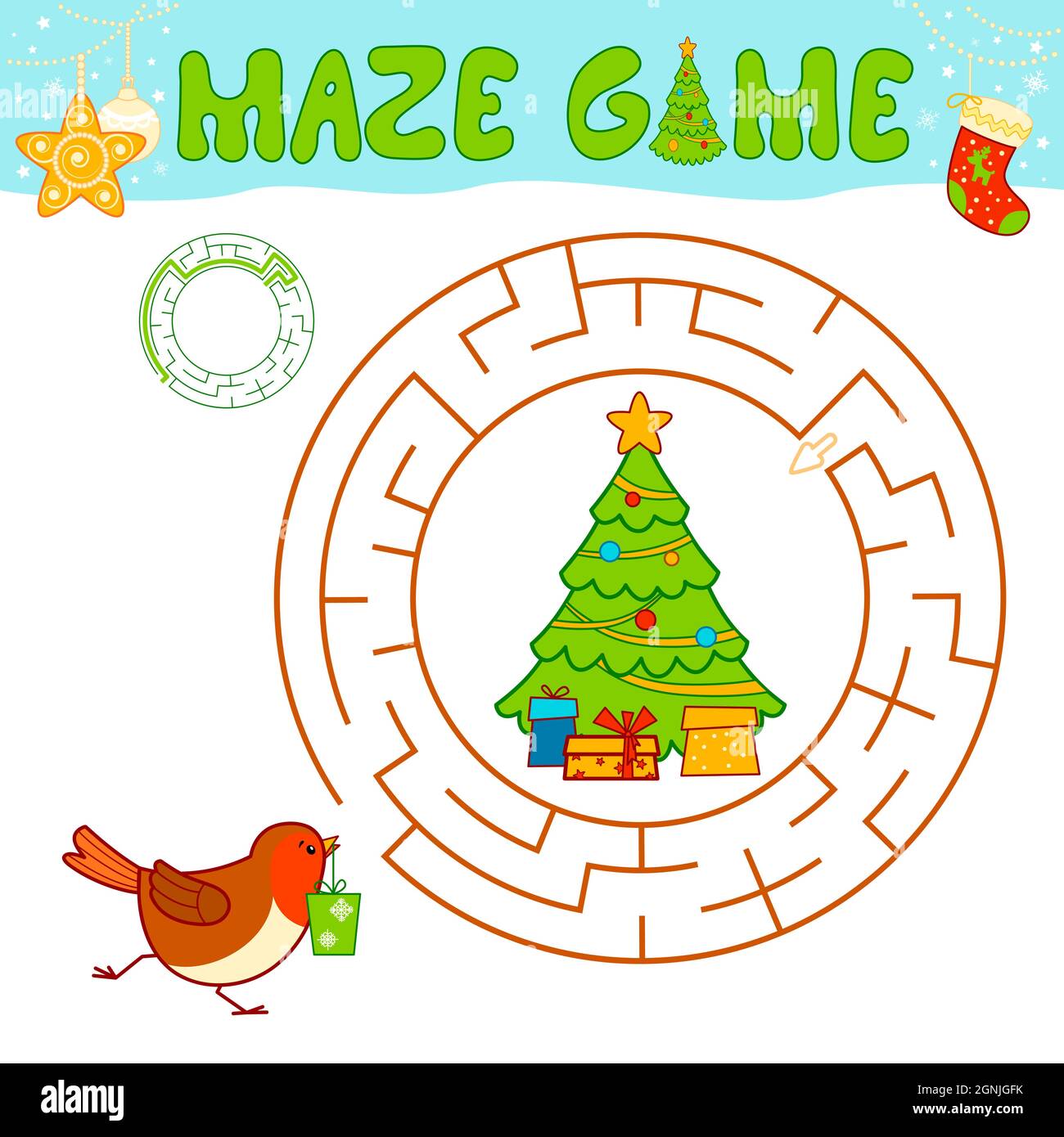 Christmas maze puzzle game for children. Circle maze or labyrinth game ...