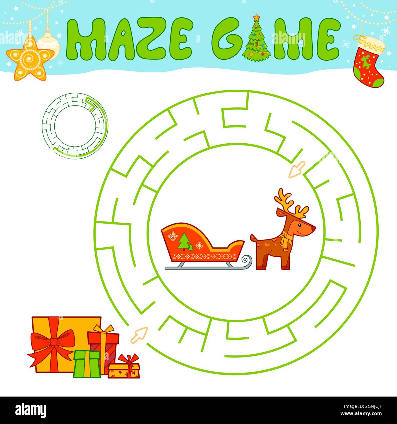 Christmas maze puzzle game for children. Circle maze or labyrinth game ...