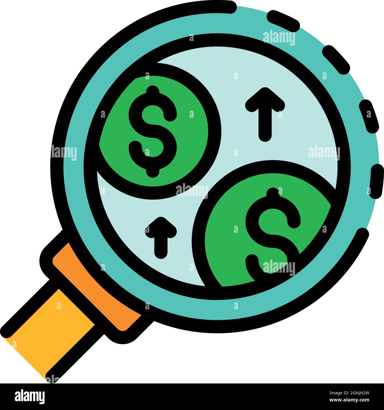 Money coins under magnifier icon. Outline money coins under magnifier ...
