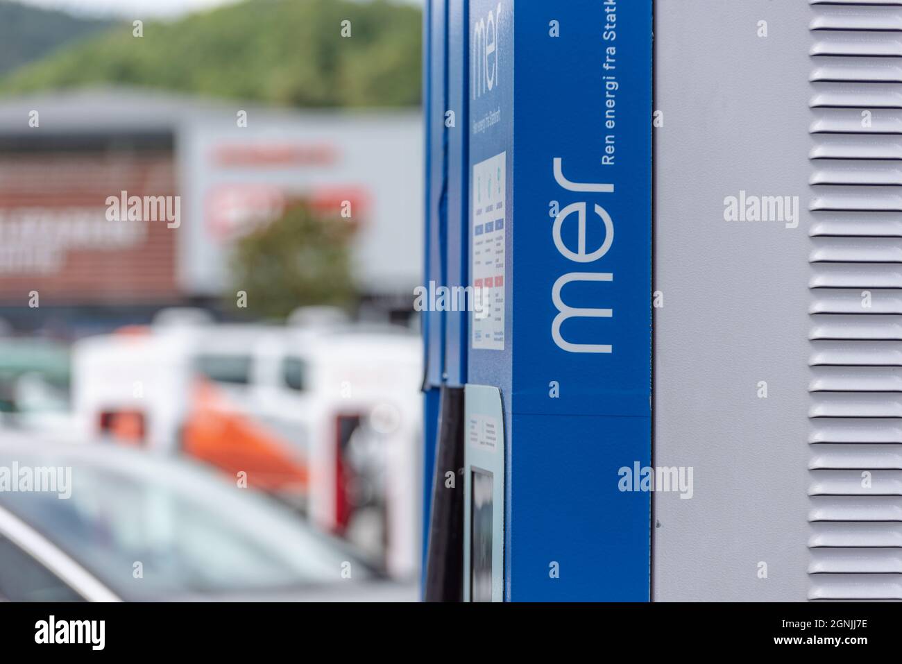 Lyngdal, Norway - August 02 2021: Logo on a Mer electric car charging ...