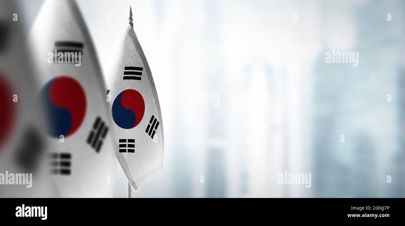 Small flags of South Korean on a blurry background of the city Stock ...