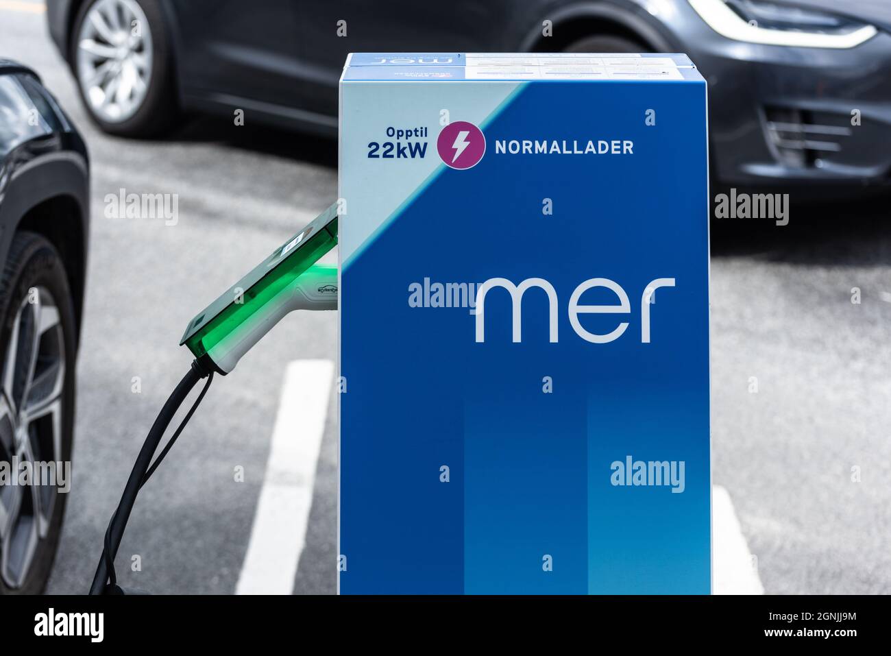 Lyngdal, Norway - August 02 2021: Charging cables of a Mer electric car ...