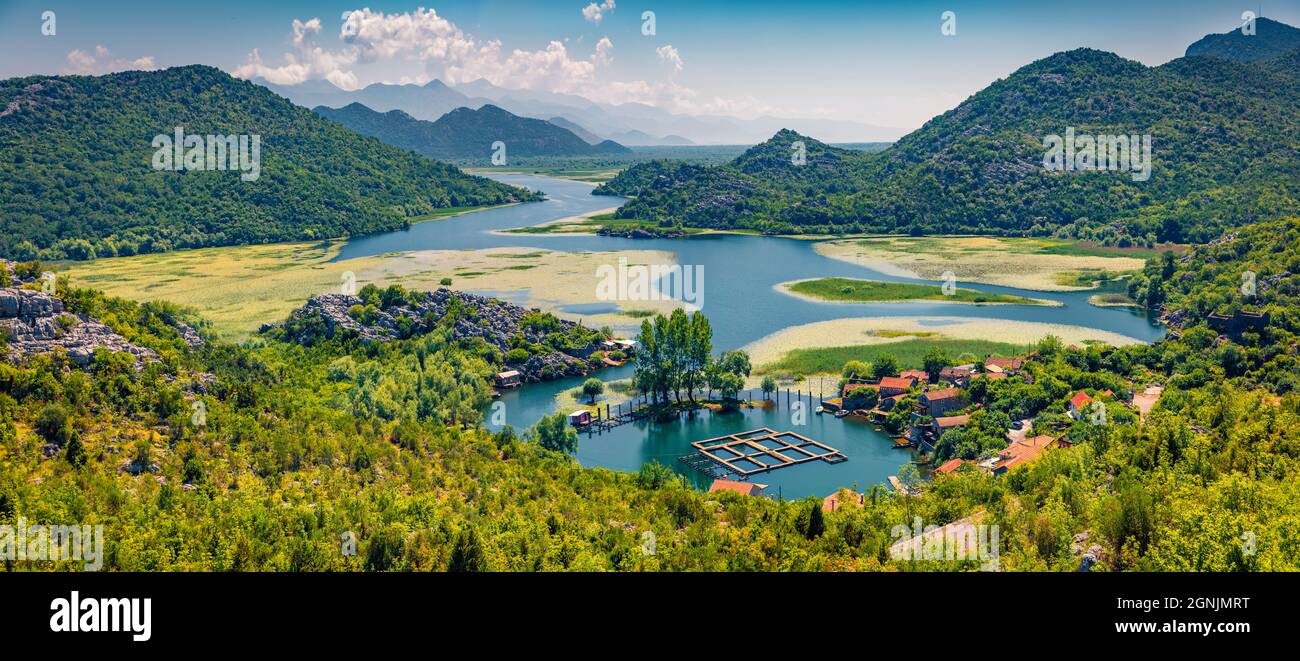 Panoramic view of Rijeka Crnojevica river, Skadar lake location. Attractive summer scene of ...