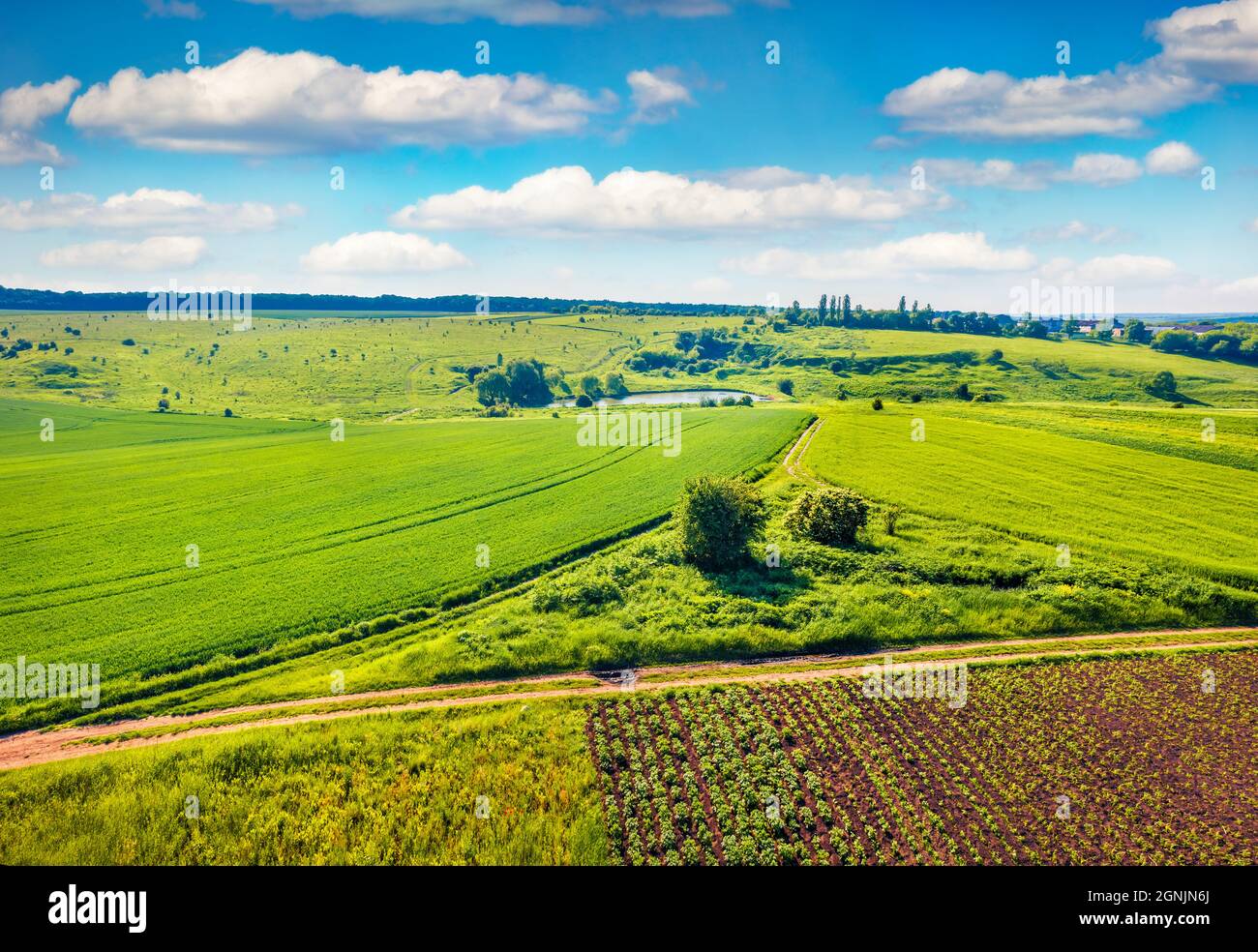 View from flying drone of Pochapyntsi pond and village. Incredible ...