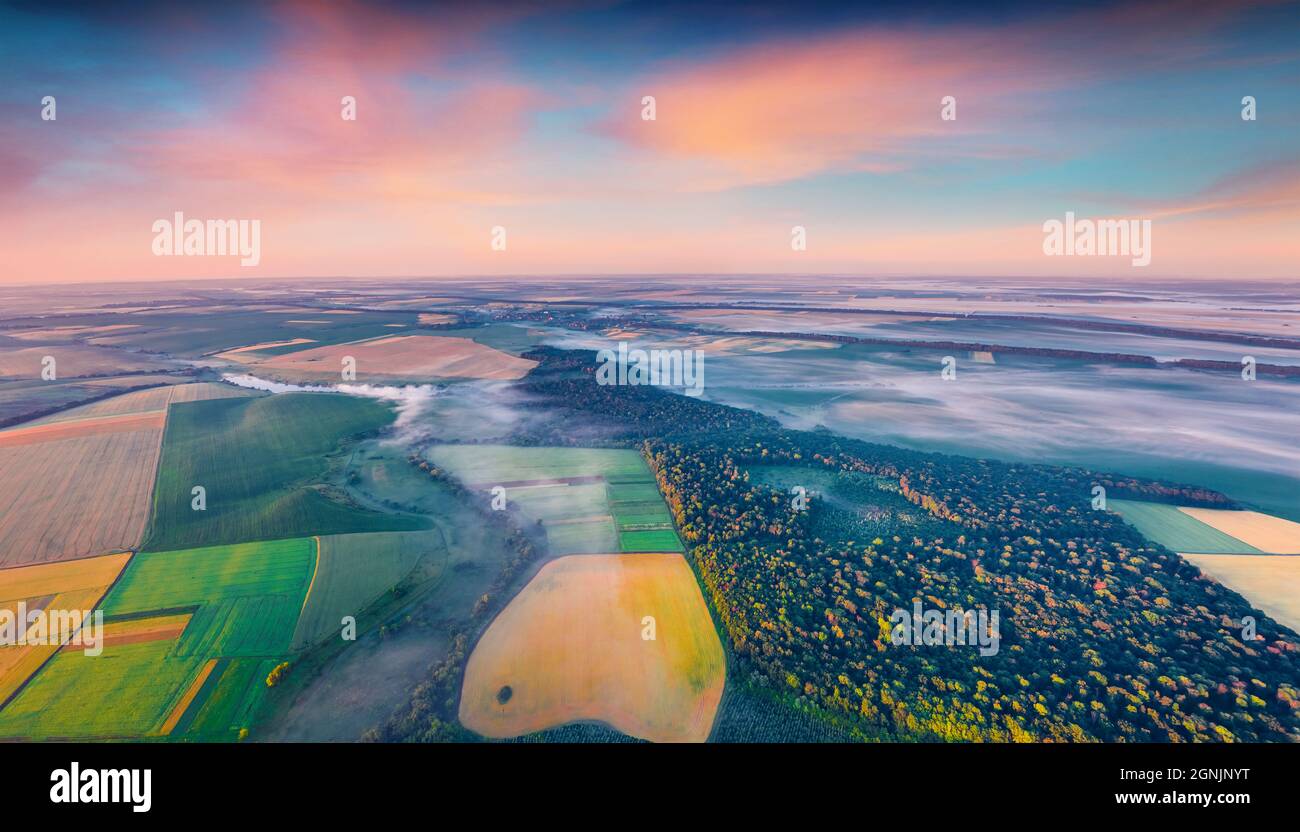 View from flying drone of Ukrainian countryside with field of wheat ...