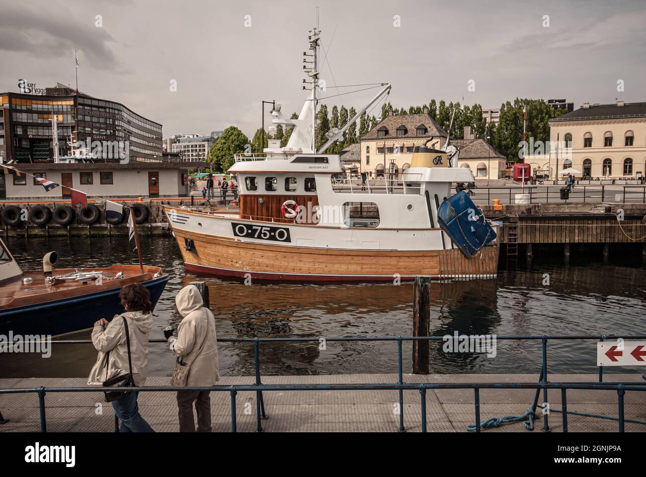 Oslo, Norway - May 18 2008: Compact wooden shrimp trawler Trygg at port ...