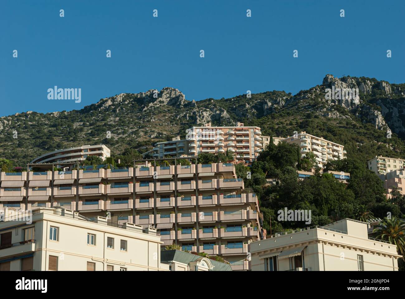 Monaco, Monaco - July 08 2008: Looking up at Mont Agel from Larvotto ...