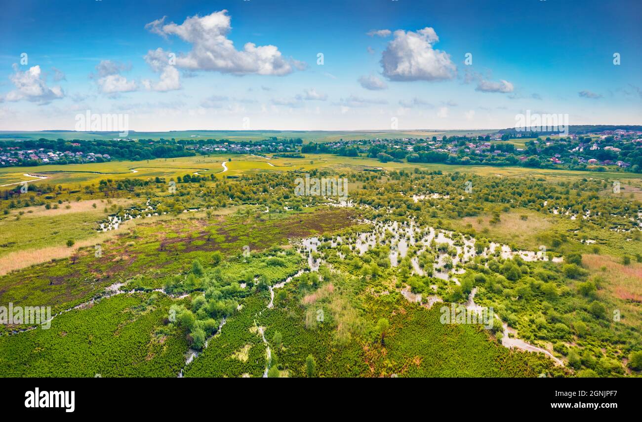 Aerial summer view of flooded valley. Picturesque landscape of snake ...