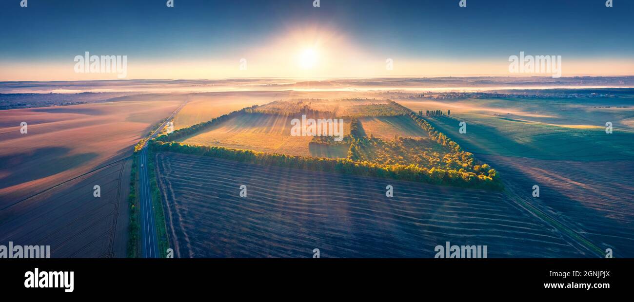 Panoramic summer view from flying drone of Ukrainian countryside ...