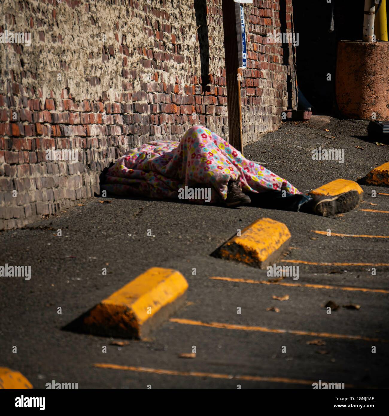A homeless person sleeping on the ground covered in a blanket Stock ...