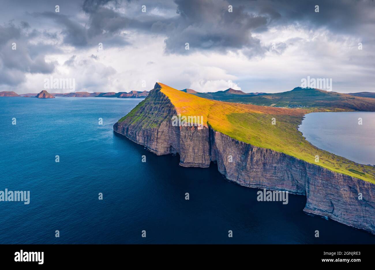 Gorgeous morning view from flying drone of Sorvagsvatn lake, Vagar ...