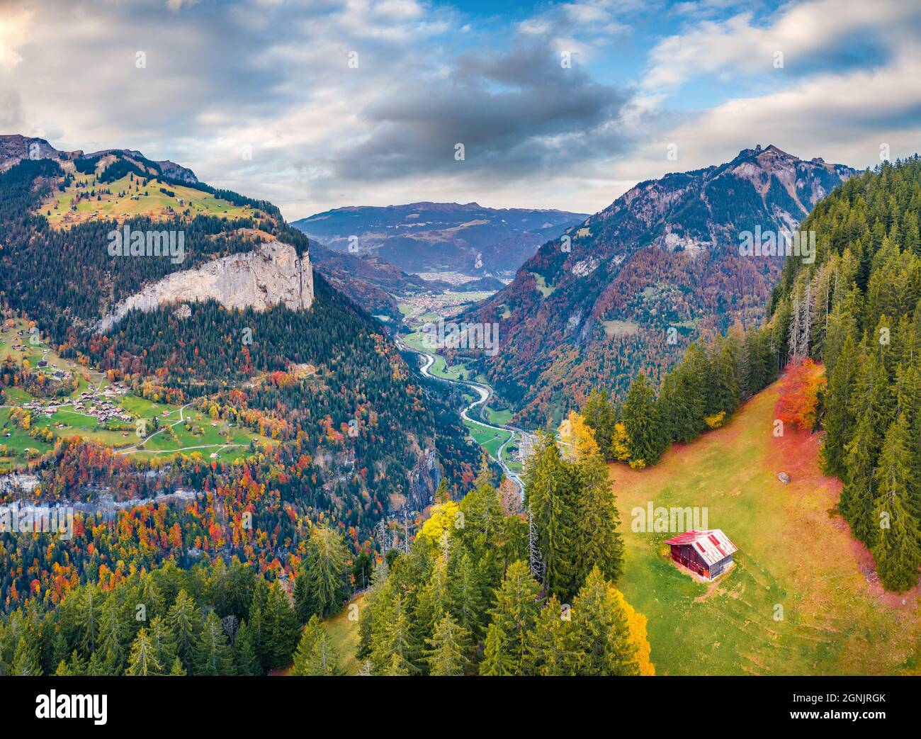 View from flying drone of Gsteigwiler village. Wonderful morning scene ...