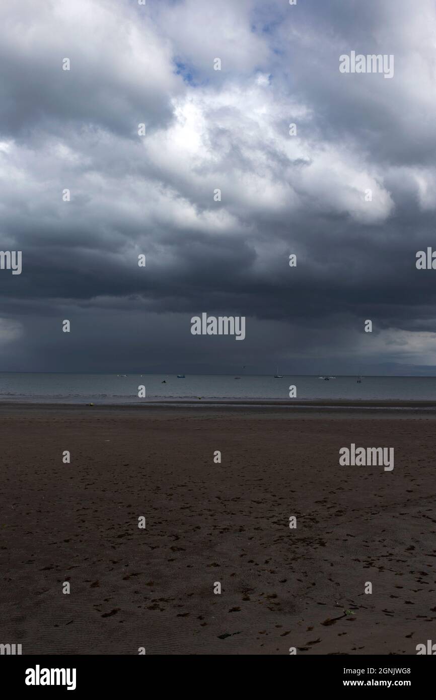 Heavy rain storm cloud over the sea at Abersoch in North Wales Stock ...