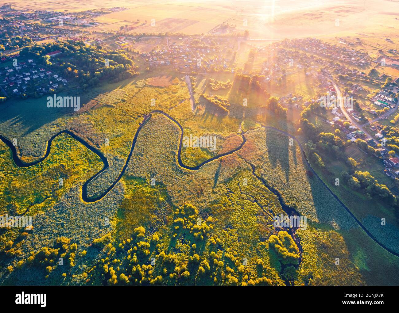 Aerial landscape photography. Colorful summer view of flooded valley ...