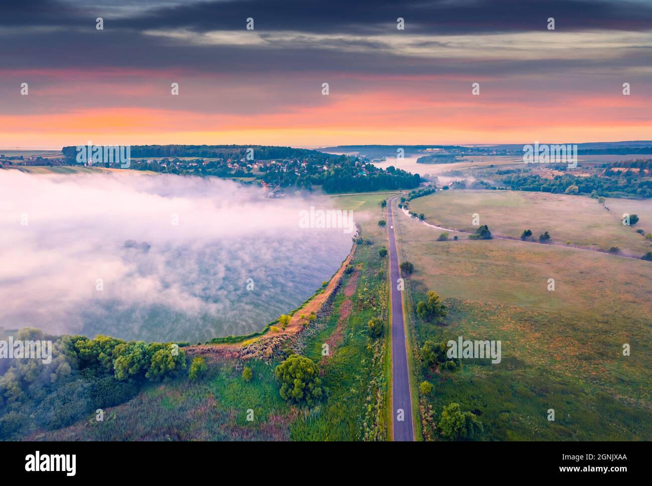 Aerial landscape photography. View from flying drone of foggy of ...