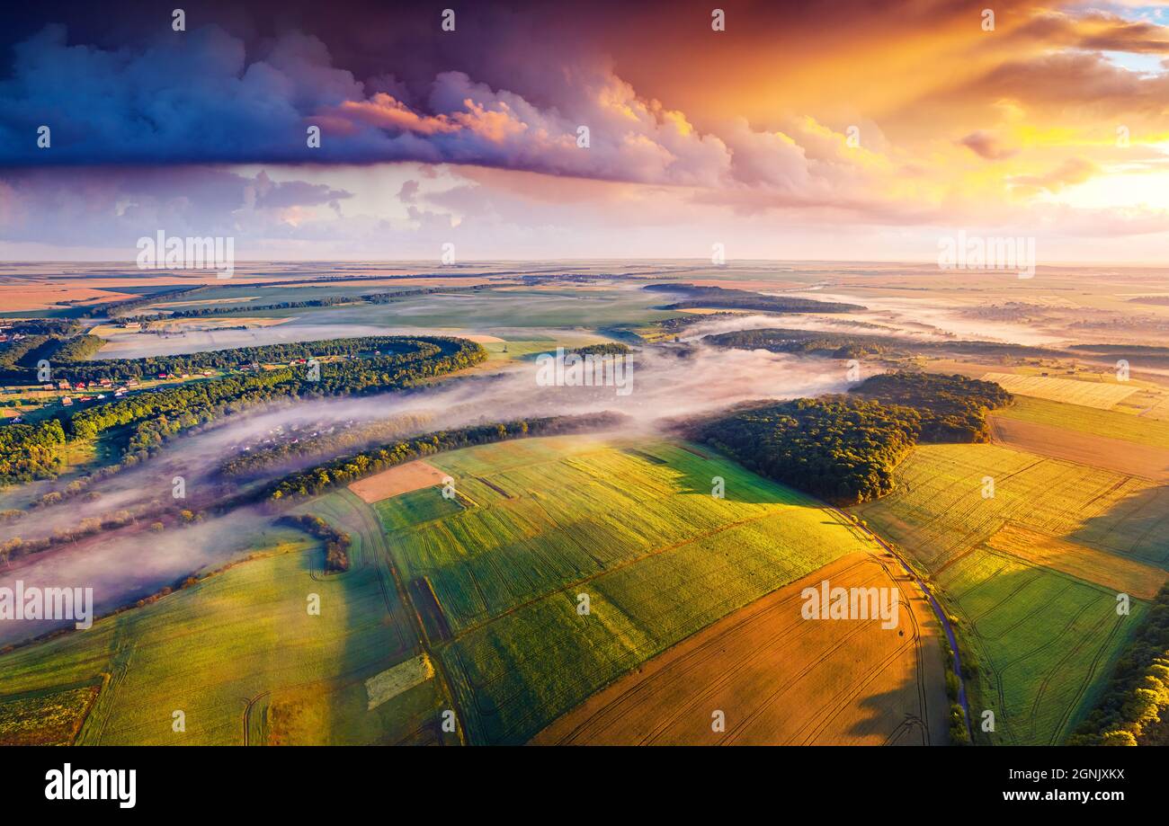Spectacular summer view from flying drone of Ukrainian countryside with ...