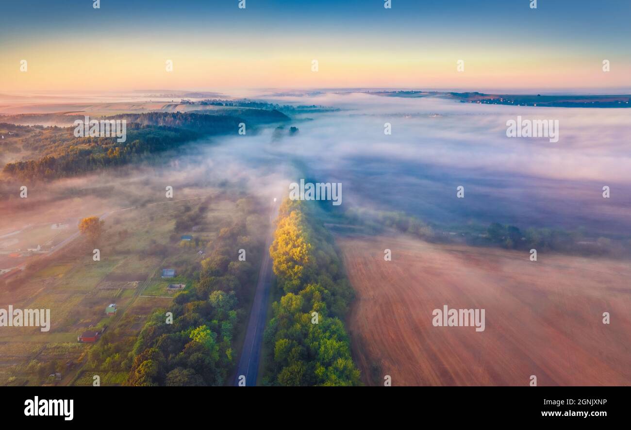 Colorful summer view from flying drone of Ukrainian countryside with ...