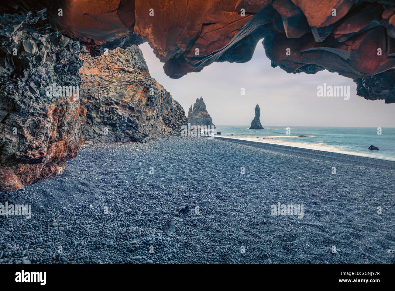 Dramatic summer scenery. Gloomy morning view of Reynisdrangar cliffs in ...