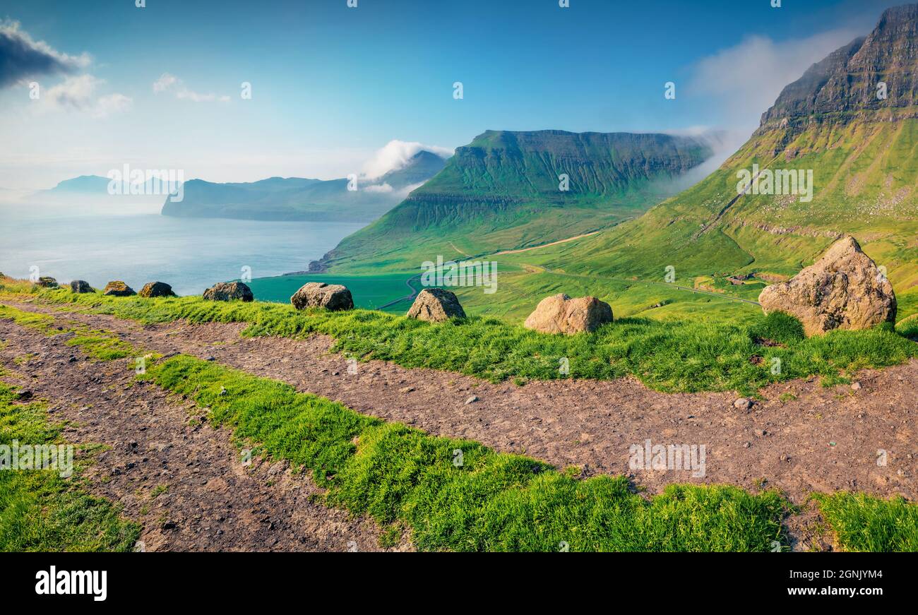 Aerial landscape photography. Fantastic summer view of Faroe Islands ...